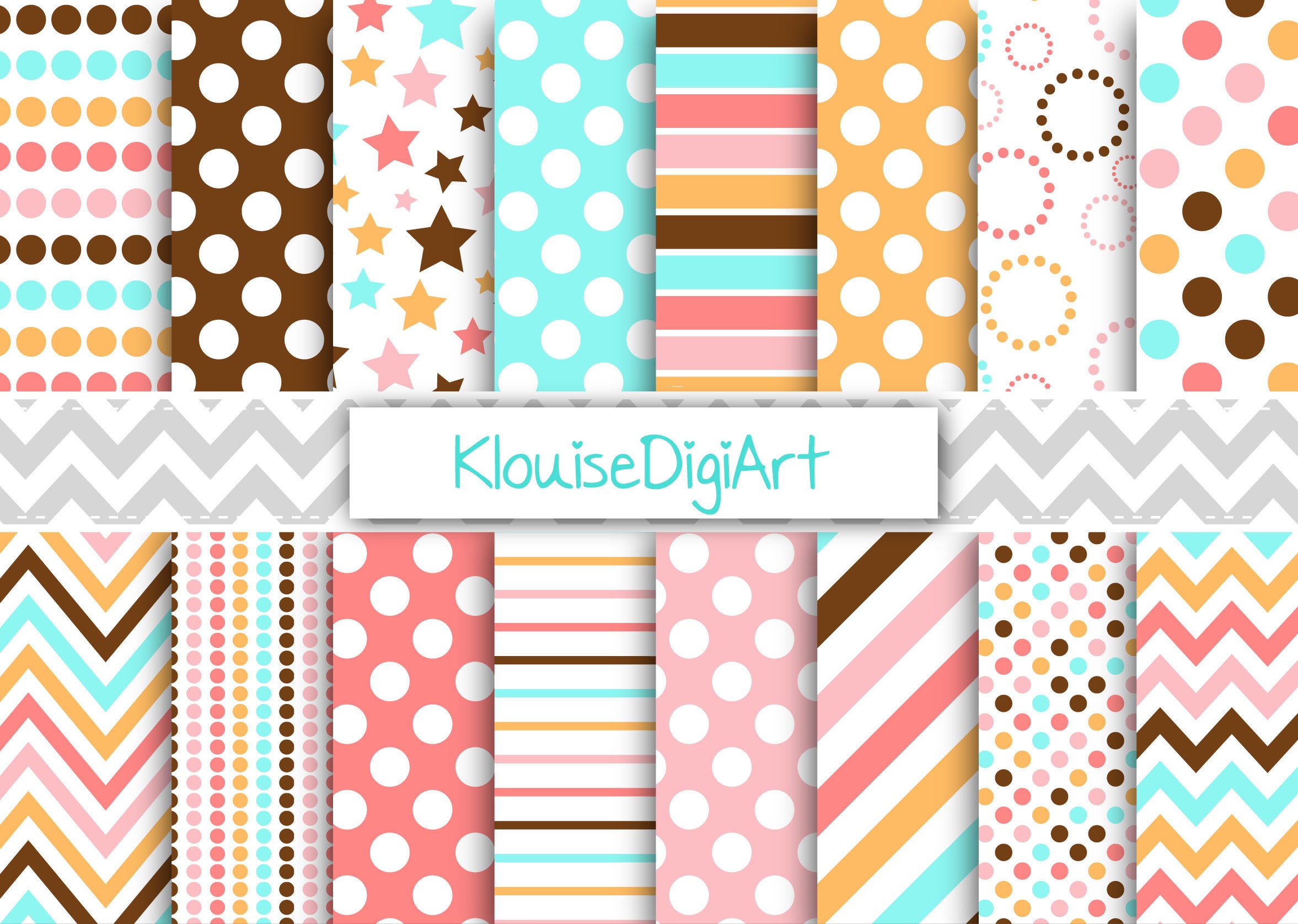 Polka Dot Chevrons and Stripes Digital Papers in Pink Blue - Etsy UK