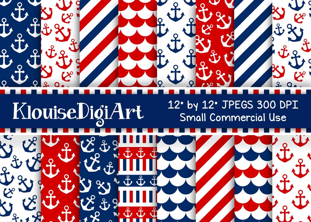 Red and Navy Blue Nautical Digital Papers With Anchors, Stripes and ...