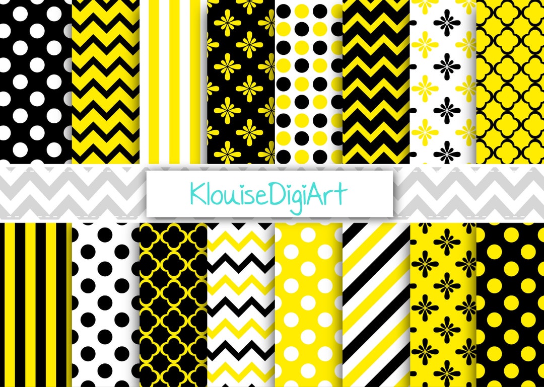 Black and Yellow Digital Printable Papers With Chevrons, Stripes, Polka ...