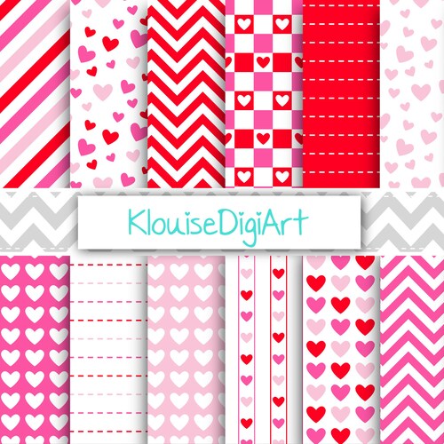 Valentine Hearts Digital Printable Papers and Clipart in Pink - Etsy