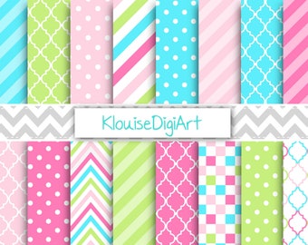 Pink Blue and Green Printable Digital Papers With Stripes | Etsy