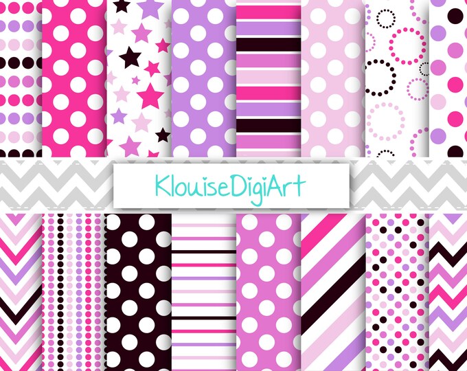 Pink, Purple, Yellow and Blue Digital Papers With Polka Dots, Stripes ...