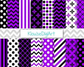 Pink, Purple, Yellow and Blue Digital Papers With Polka Dots, Stripes ...