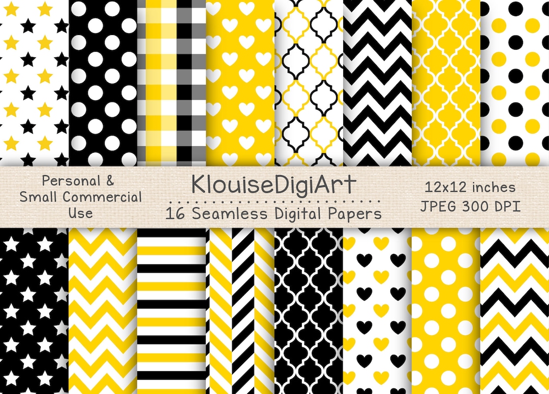 Seamless Yellow, Black and White Digital Printable Papers With Polka ...