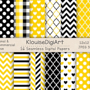 Seamless Yellow, Black and White Digital Printable Papers With Polka ...