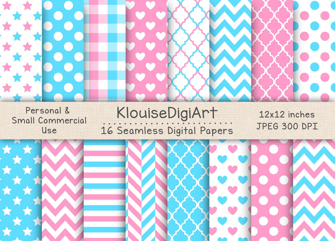Seamless Bright Blue, Pink and White Digital Printable Papers With ...