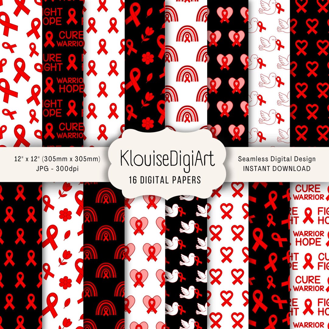 Seamless Heart Disease, HIV Awareness Digital Printable Papers With Red ...