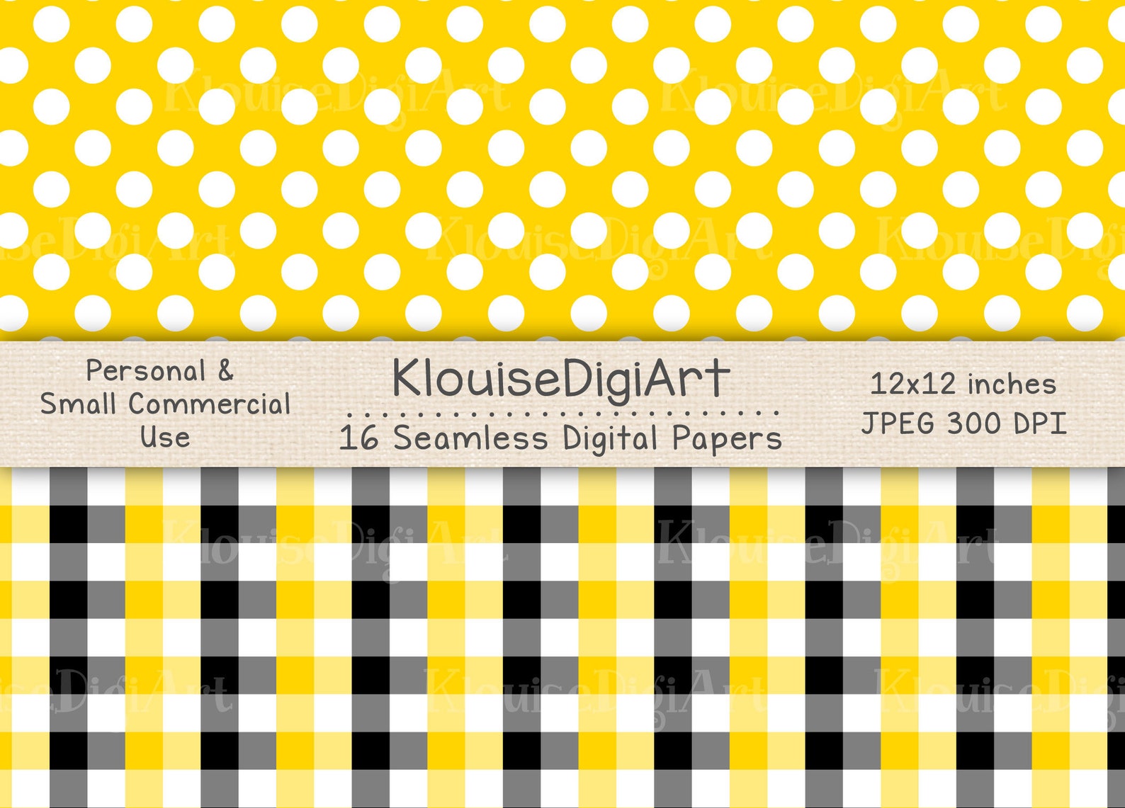Seamless Yellow, Black and White Digital Printable Papers With Polka ...