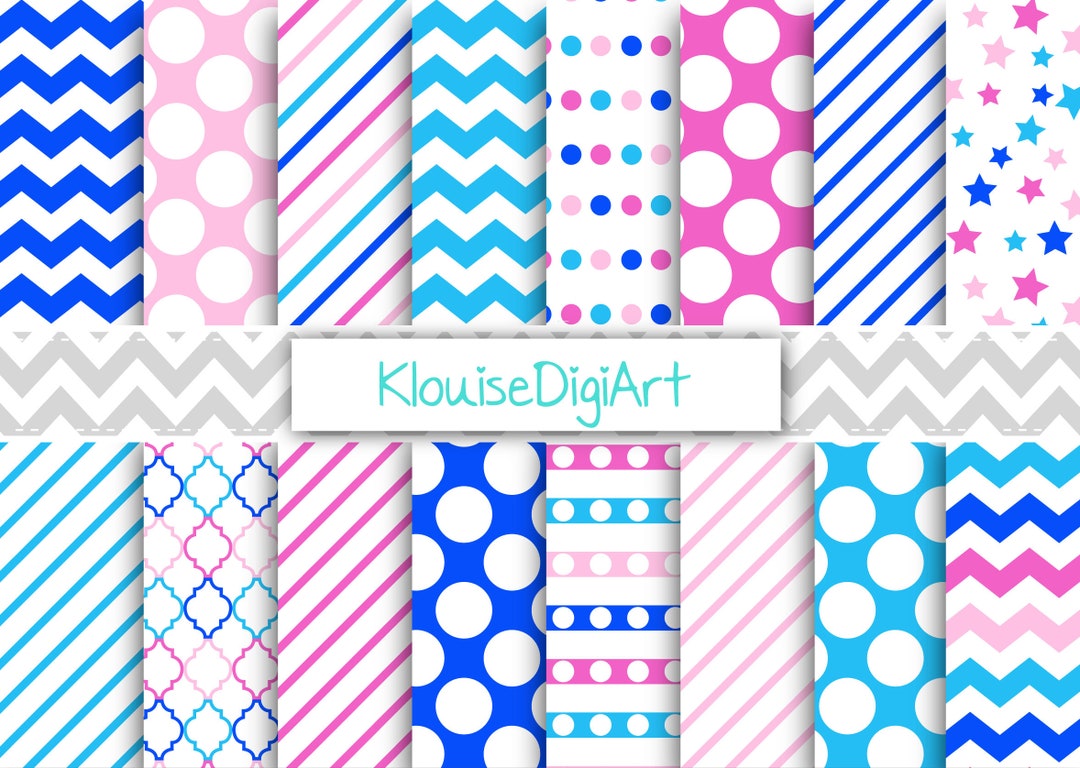 Blue and Pink Printable Digital Paper With Polka Dots, Quatrefoil ...