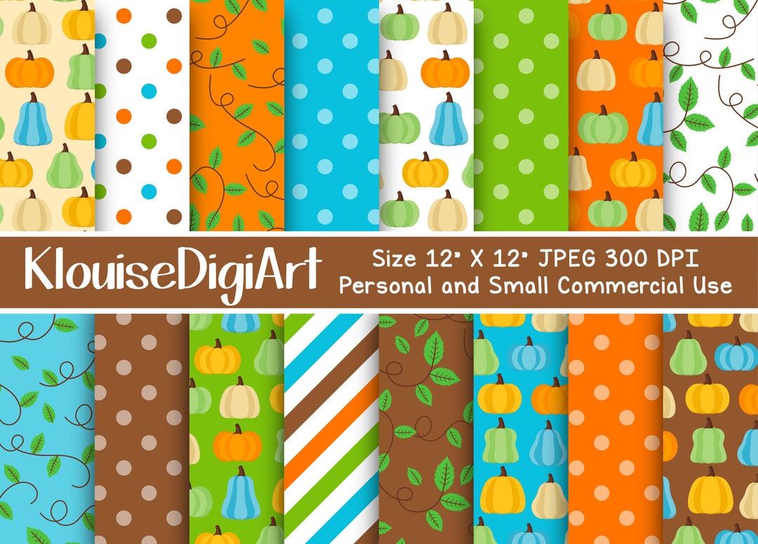 Autumn Fall Pumpkin Digital Printable Papers in Orange, Brown, Blue ...