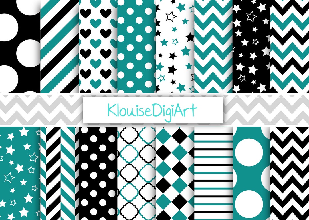 Teal Blue and Black Digital Printable Papers With Polka Dots, Stars ...
