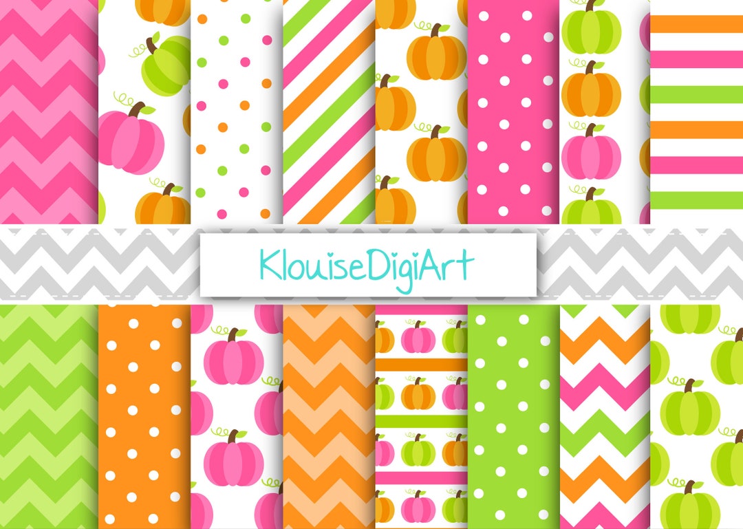 Fall Autumn Pumpkin Digital Printable Papers in Pink, Orange and Green ...