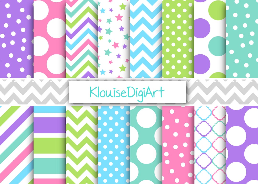 Purple, Pink, Blue and Green Digital Papers in Chevrons, Stars, Polka ...
