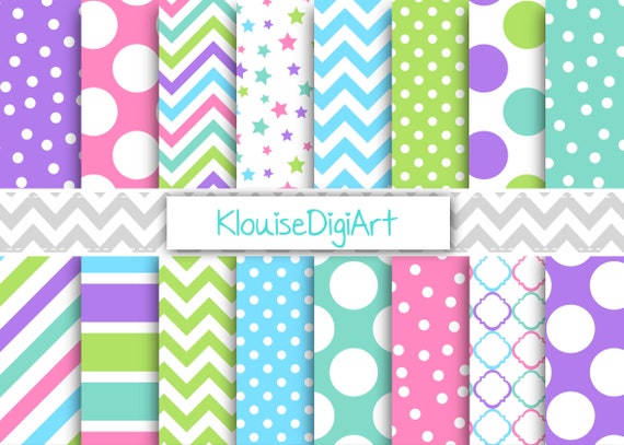 Purple Pink Blue and Green Digital Papers in Chevrons | Etsy