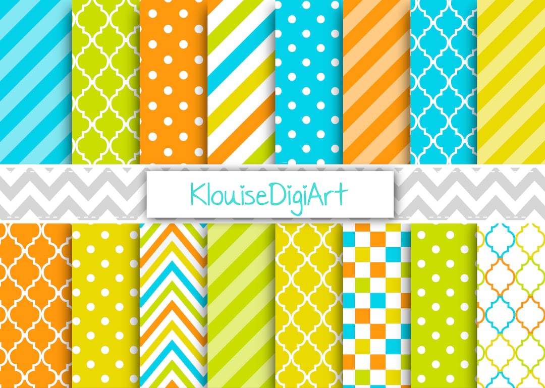 Blue, Green, Orange and Yellow Printable Digital Papers With Stripes ...