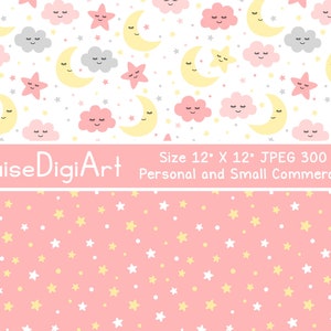 Moon, Stars and Clouds Digital Printable Papers in Coral Pink, Yellow ...