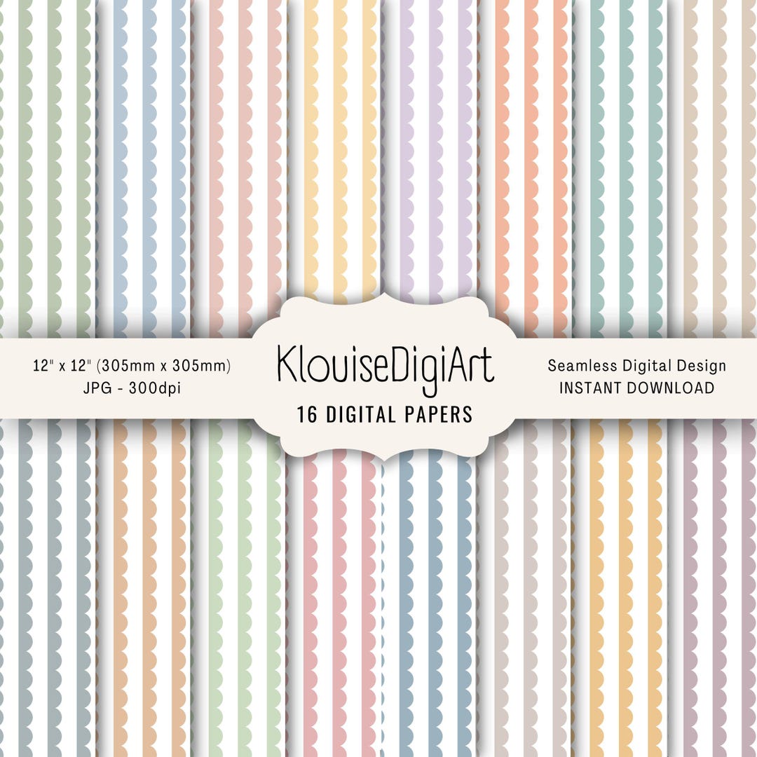 Pastel Scalloped Stripe Digital Paper Pack, Seamless Nursery Patterns ...