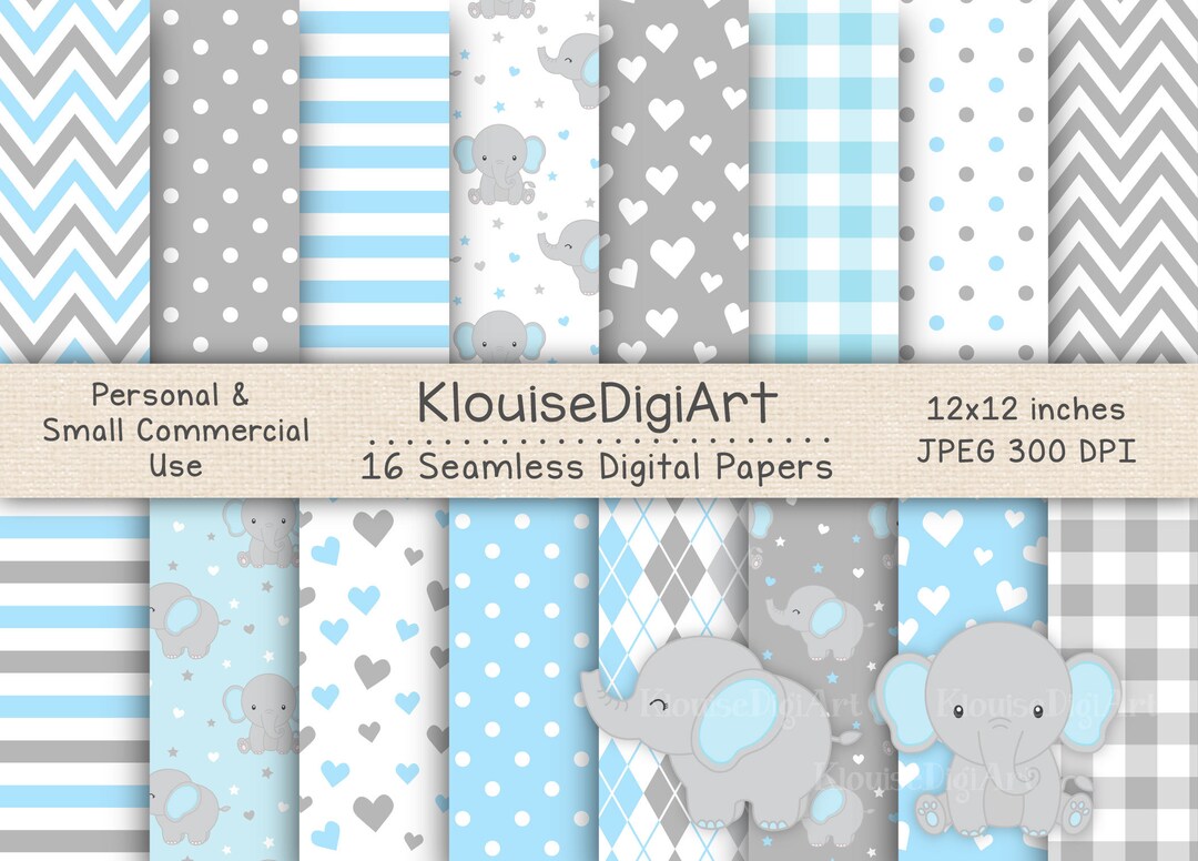 Seamless Elephant Blue and Gray Digital Printable Papers With Elephant ...