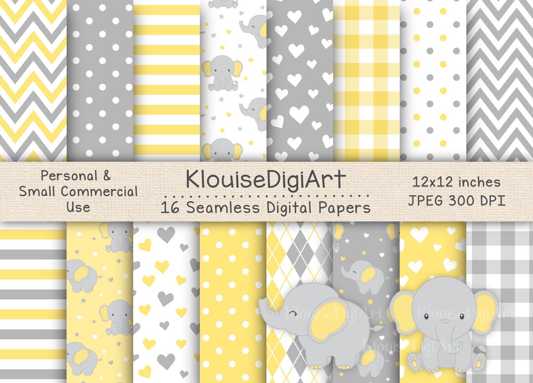 Seamless Elephant Yellow and Gray Digital Printable Papers With ...