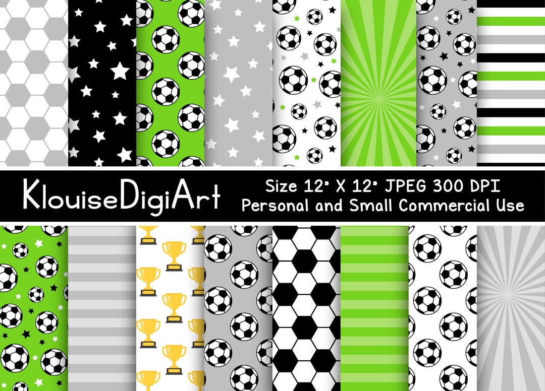 Soccer Football Sport Digital Papers Patterns in Gray Silver, Green and ...