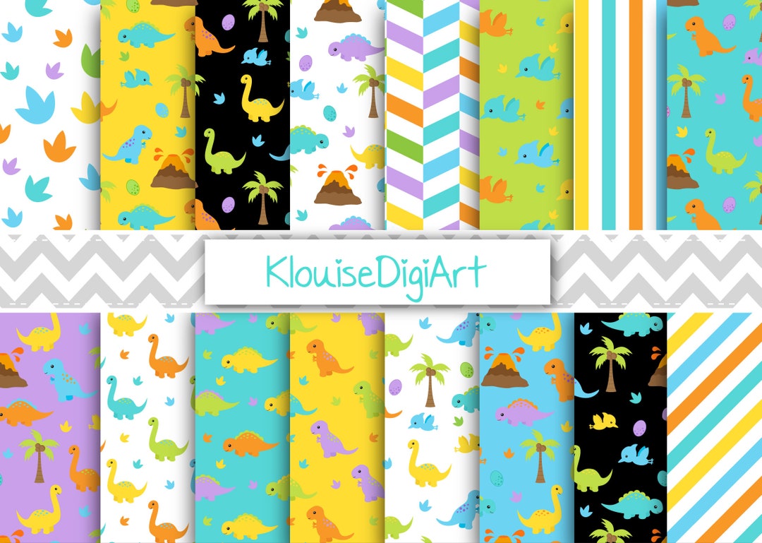 Cute Dinosaur Printable Digital Papers, Blue, Green, Yellow, Orange ...