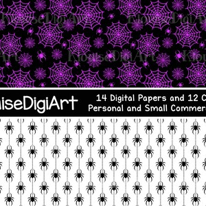Halloween Spiders and Webs Digital Papers and Clipart in Purple, Orange ...