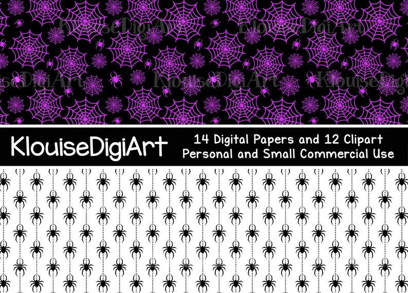 Halloween Spiders and Webs Digital Papers and Clipart in Purple, Orange ...