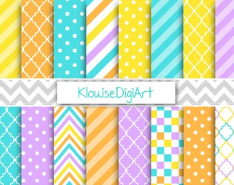 Bright Orange, Blue and Gray Printable Digital Papers With Stripes ...