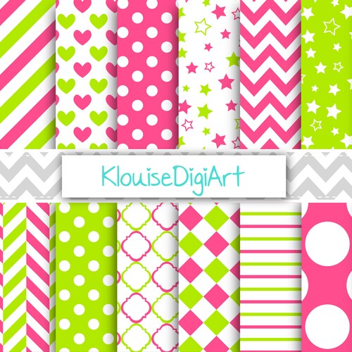 Pink and Lime Green Digital Paper Scrapbook Papers | Etsy