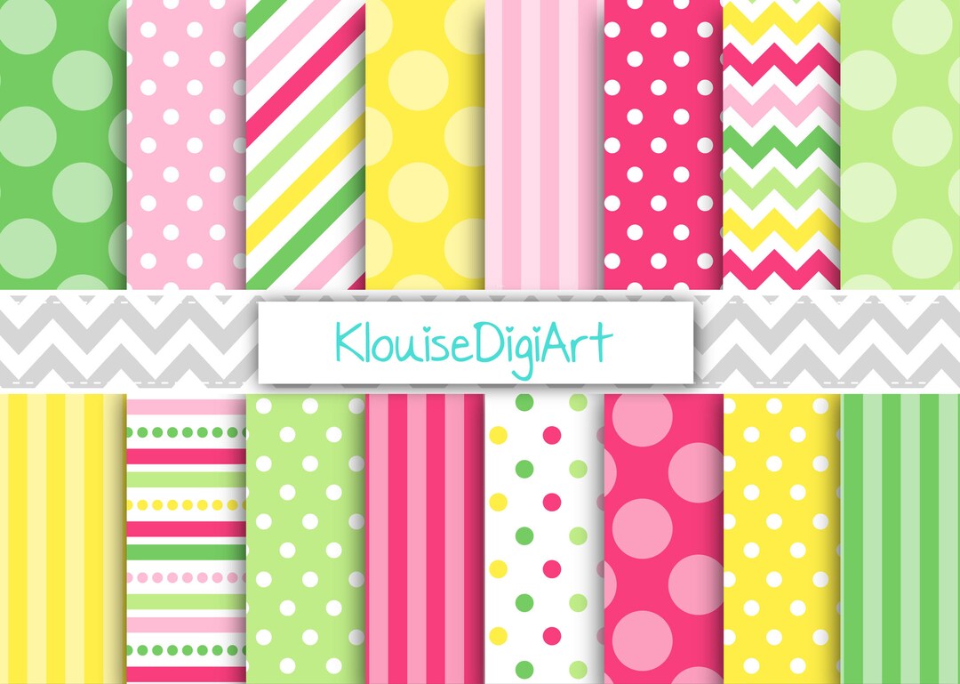 Citrus Pink, Green and Yellow Digital Papers With Polka Dots, Stripes ...