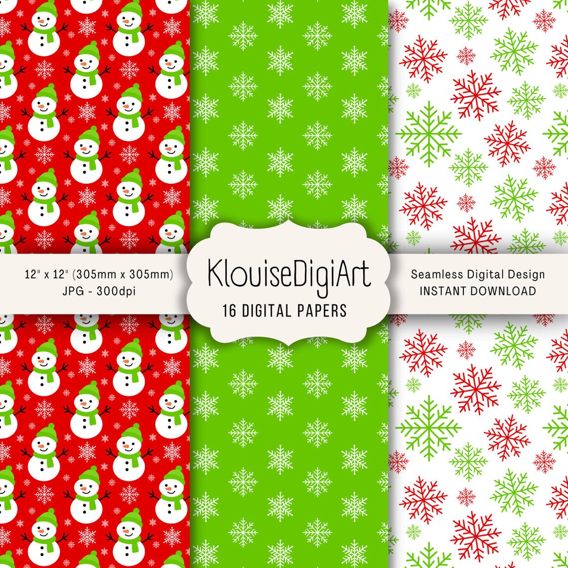 Seamless Winter Snowflakes and Snowmen Digital Printable Papers in Red ...