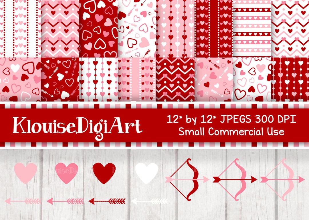 Valentine Hearts Digital Printable Papers and Clipart in Pink, Red and ...