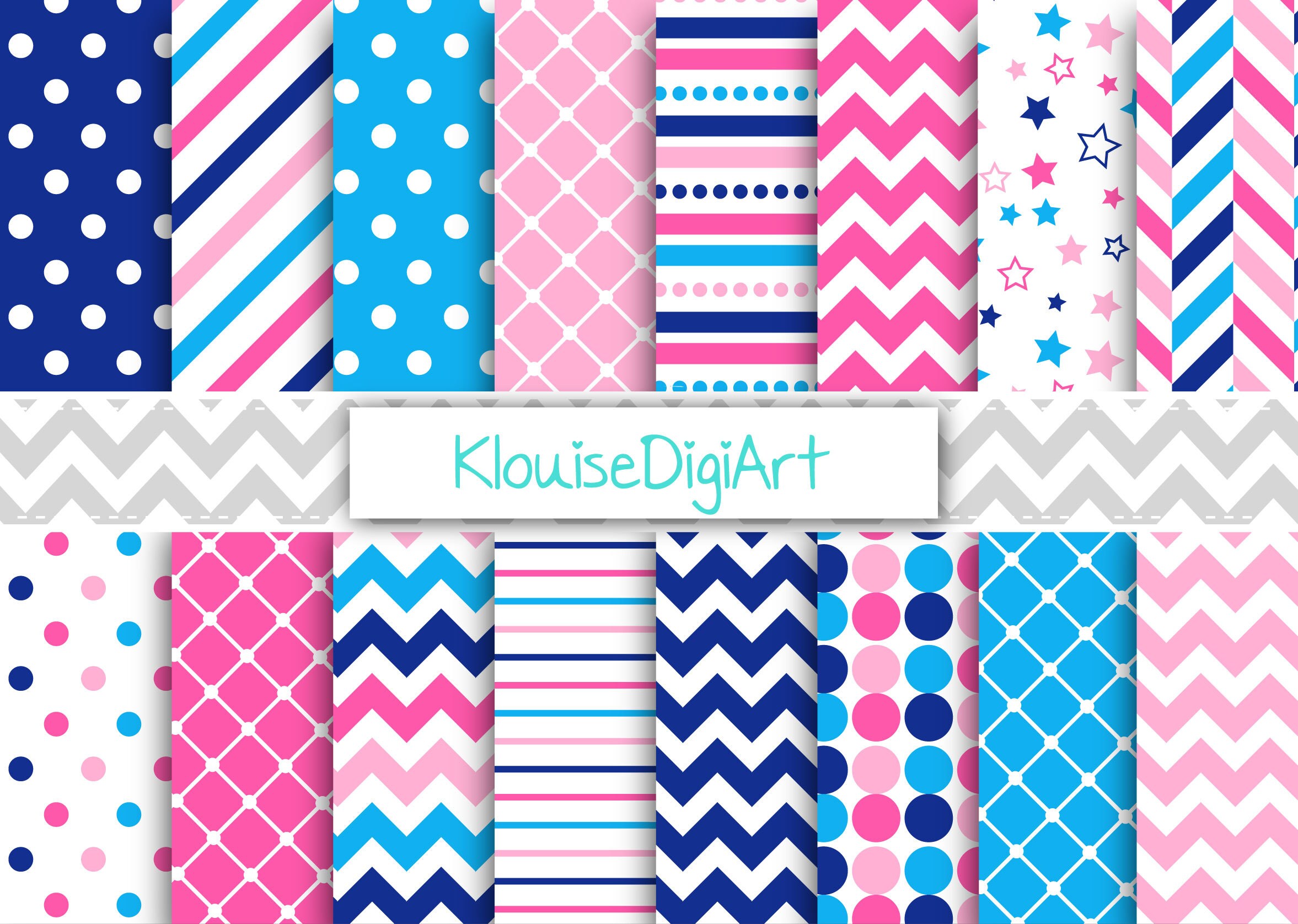 Pink and Blue Digital Papers with Stars Quatrefoil Stripes | Etsy