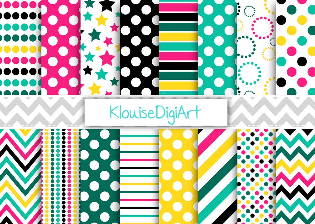 Polka Dot, Chevrons and Stripes Digital Papers in Pink, Yellow, Black ...