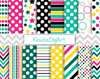 Polka Dot Chevrons and Stripes Digital Papers in Blue Pink | Etsy