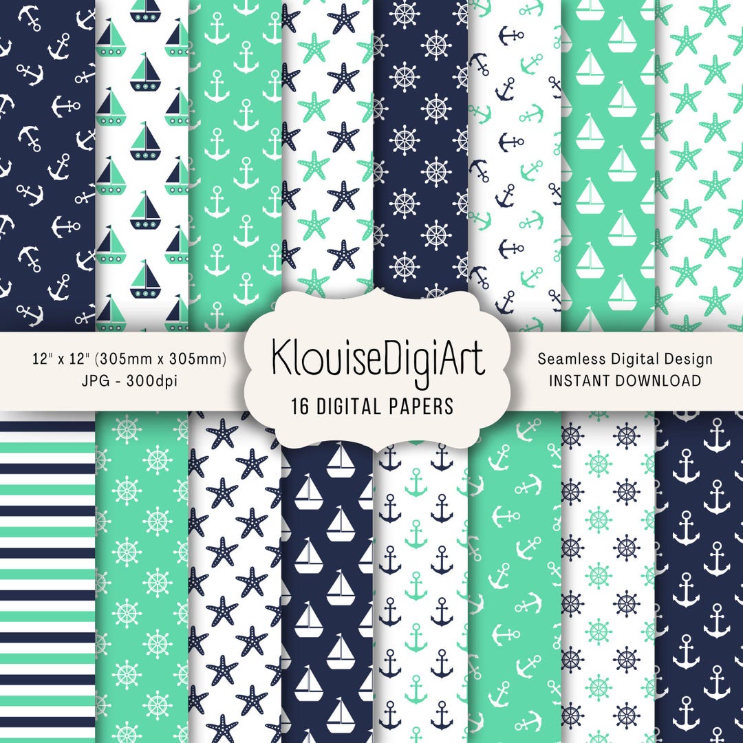 Seamless Green and Navy Blue Nautical Digital Printable Papers With ...