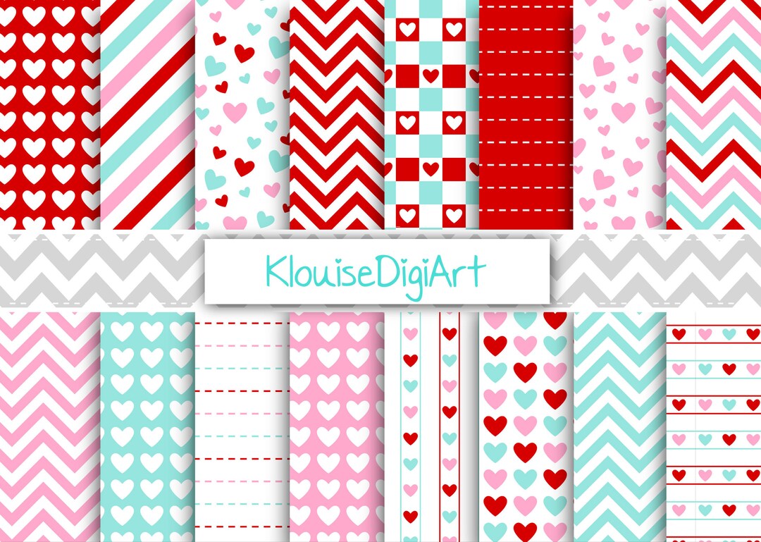 Red, Pink and Mint Green Valentine's Day Digital Printable Papers With ...