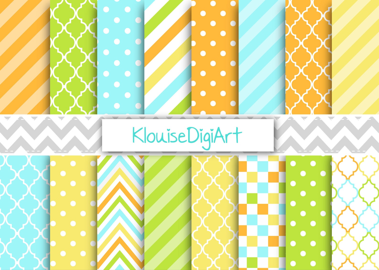 Summer Orange, Green, Yellow and Blue Printable Digital Papers With ...