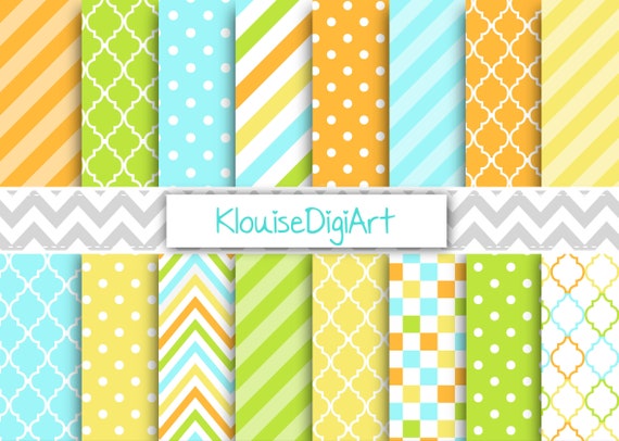 Summer Orange Green Yellow and Blue Printable Digital Papers | Etsy UK