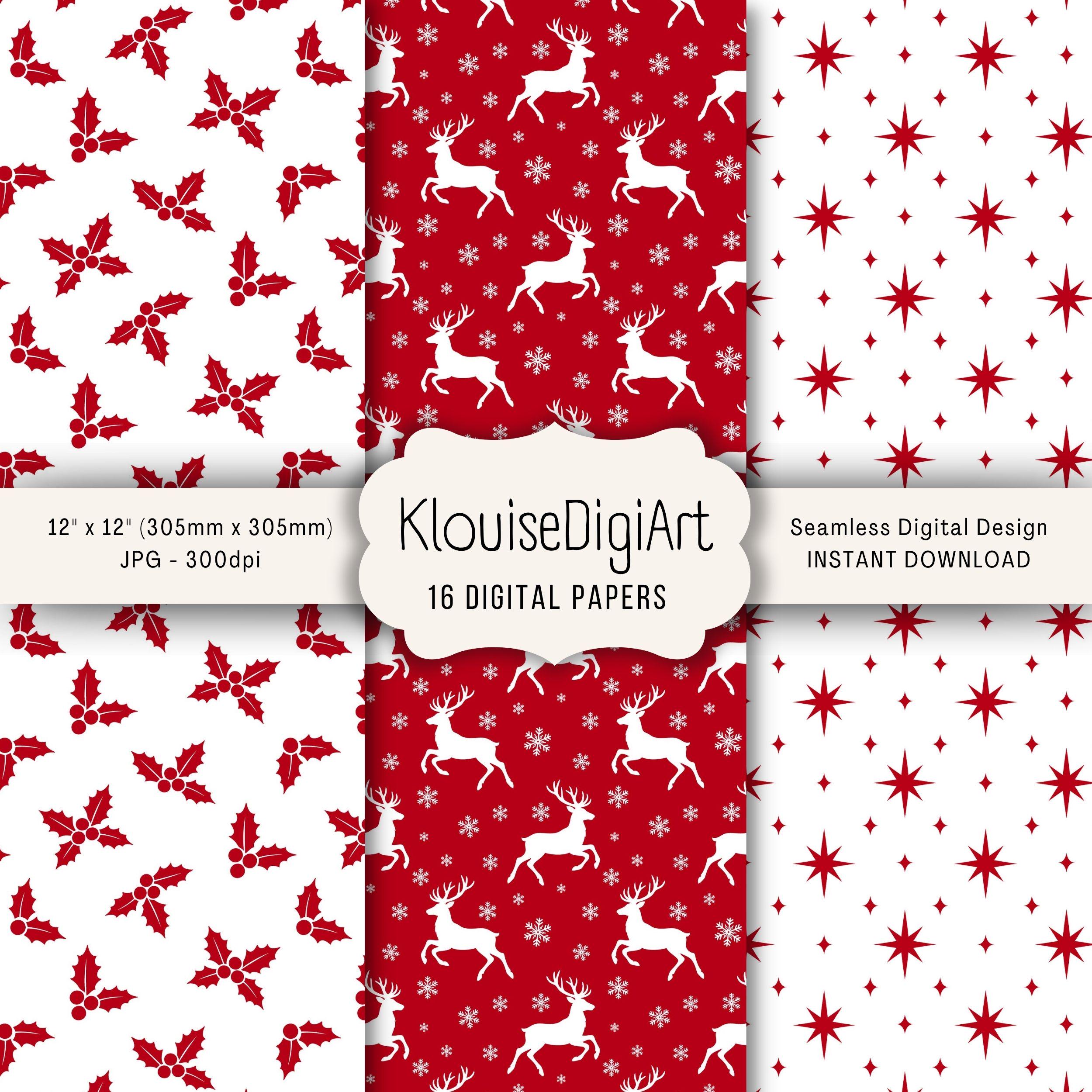 Seamless Red Winter Digital Printable Papers With Reindeers, Trees ...
