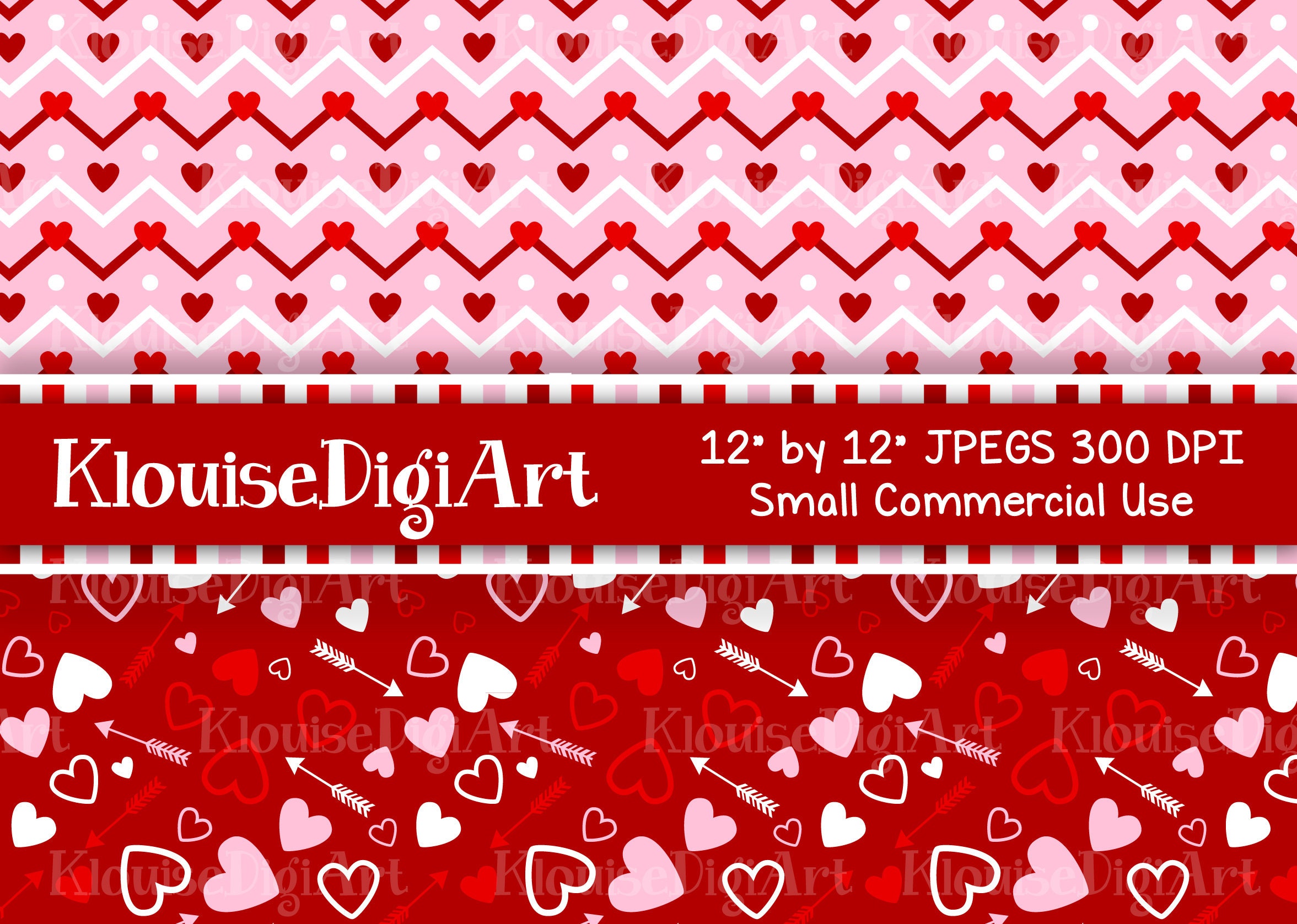Valentine Hearts Digital Printable Papers and Clipart in Red | Etsy