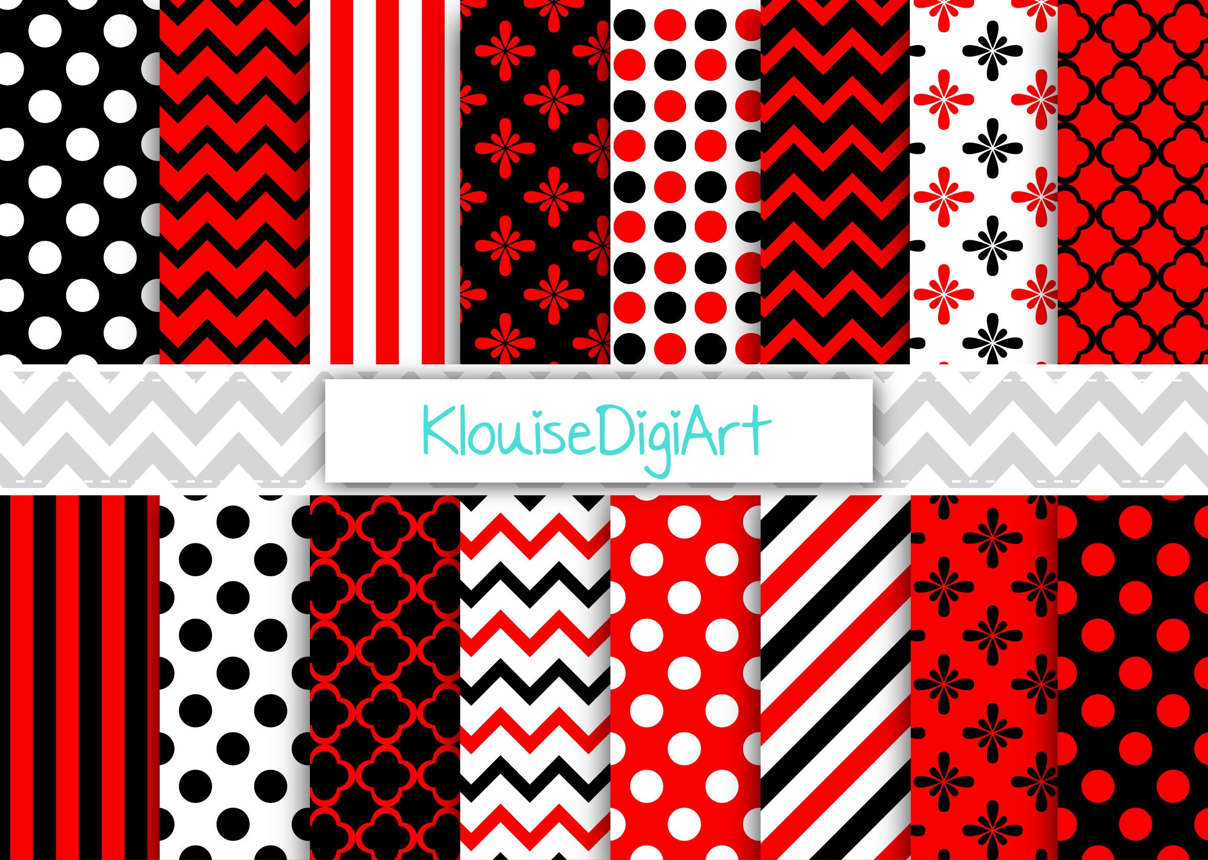 Black and Red Digital Printable Papers With Chevrons, Stripes, Polka ...