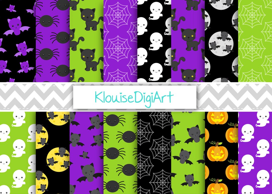 Halloween Digital Papers With Ghost, Bats, Spider, Pumpkins in Green ...