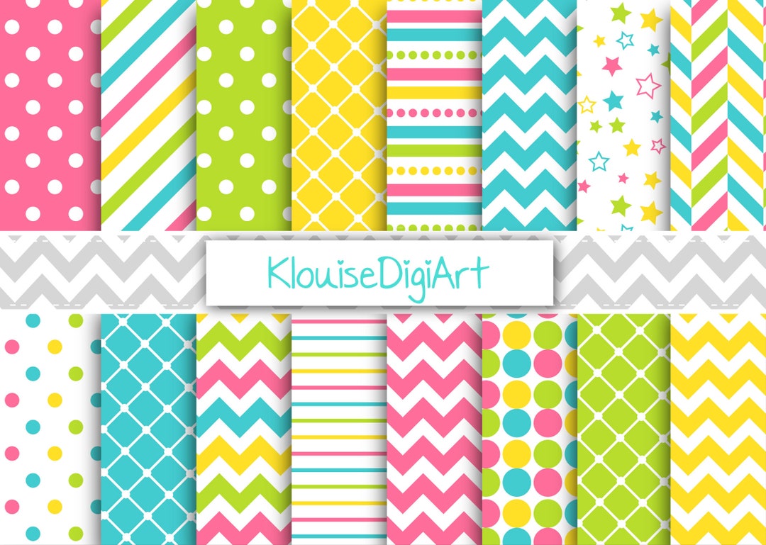 Pink, Green, Yellow and Blue Digital Papers With Stars, Quatrefoil ...