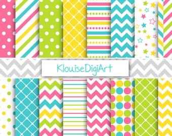 Pink, Purple, Yellow and Blue Digital Papers With Polka Dots, Stripes ...