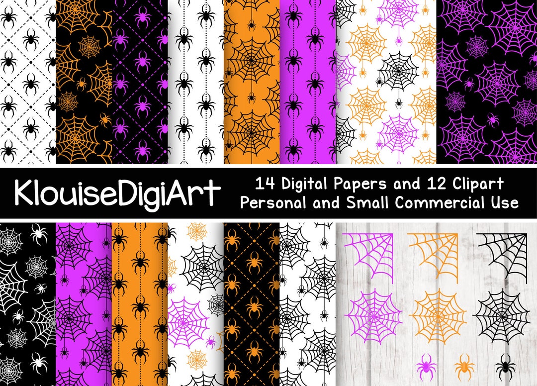 Halloween Spiders and Webs Digital Papers and Clipart in Purple, Orange ...