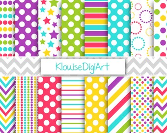 Polka Dot Chevrons and Stripes Digital Papers in Blue Pink | Etsy