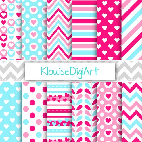 Pink and Turquoise Blue Valentine's Day Digital Papers | Etsy