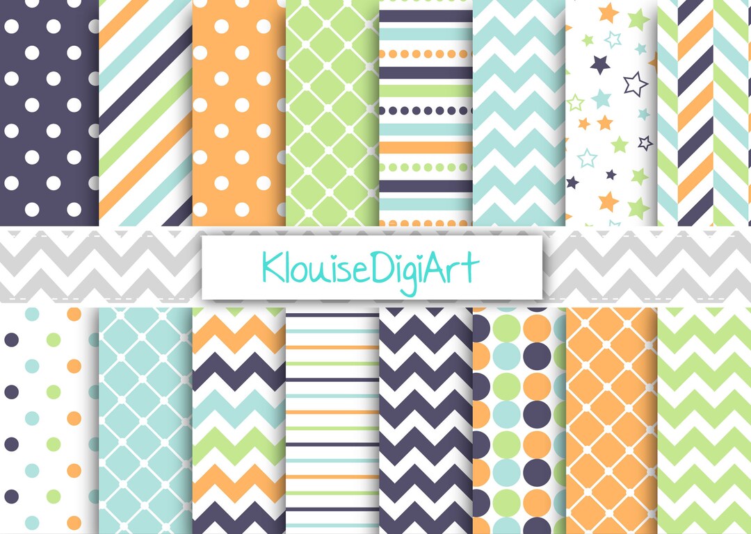 Blue, Green and Orange Digital Papers With Stars, Quatrefoil, Stripes ...