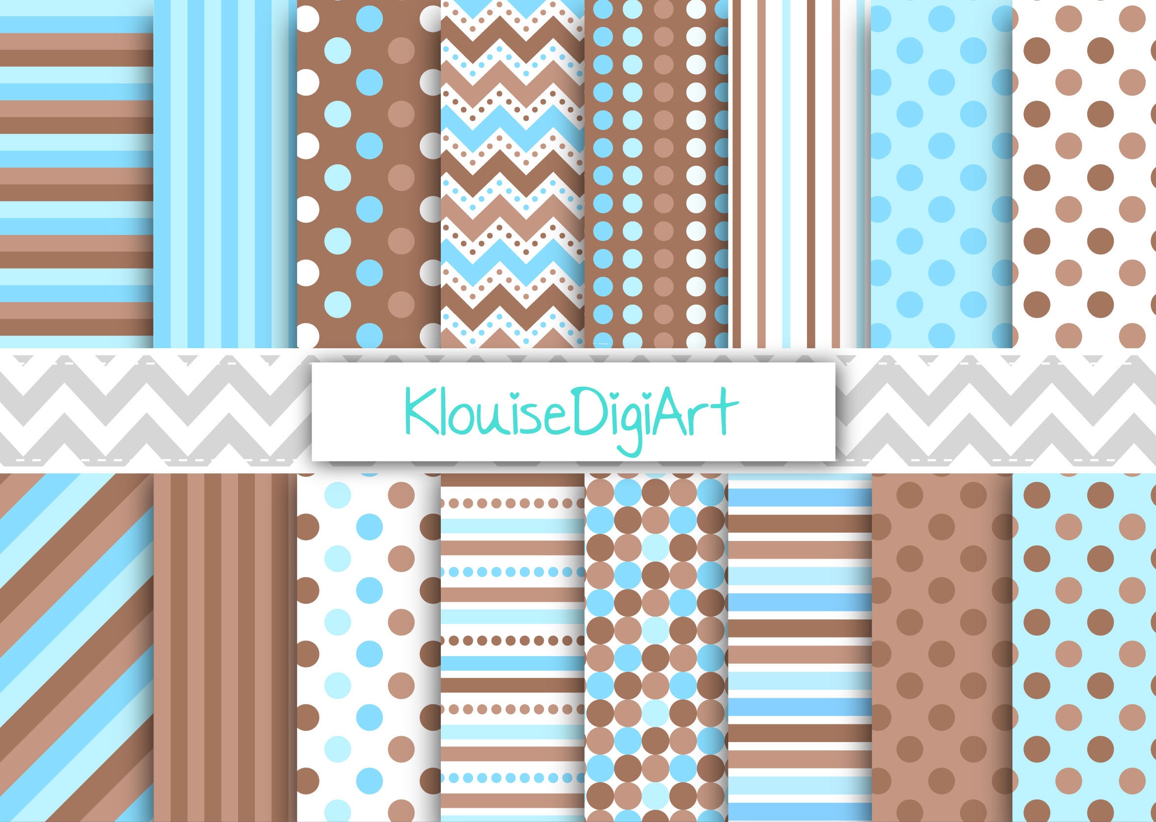 Blue and Dark Brown Digital Scrapbooking Papers with Stripes | Etsy